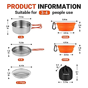 KingCamp Stainless Steel Camping Cookware Set Open Fire Cookware Backpacking Cooking Mess Kit Lightweight Camping Pots and Pans with Plates and Bowls Kit Hiking Cooking Gear 25 PCS for 3 Person