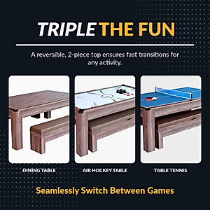 Hathaway Driftwood 7 Ft Air Hockey Table for Home Game Room - with Table Tennis Top, Dining Surface, Electronic Scorer, Two Storage Benches, High-Output Blower, Strikers & Pucks - Driftwood Finish