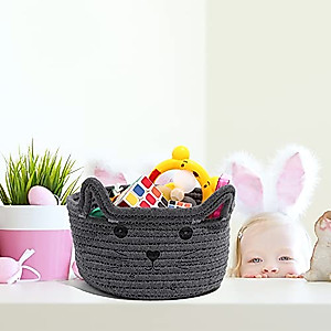 Cat Basket Storage Woven Basket Organizer with Ears Decorative Pet Toy Cute Basket Cotton Rope Basket for Gifts Cat Dog Toy Bin Nursery Room Kids Toy (Gray, 8.3 x 4.7 Inch)