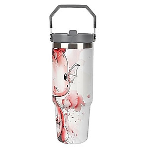 30oz Stainless Steel Insulated Tumbler with Flip Lid & Straw, Leakproof Travel Mug for Car, Ink Style Dragon Double Wall Vacuum Thermal Coffee Cup with Handle, Spill-Proof Design for Hot/Cold Drinks