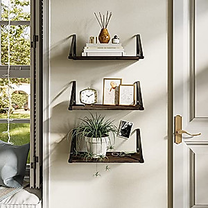 BAMEOS Floating Shelves Rustic Wood Wall Shelf Set of 3, Small Bookshelf for Living Room, Office, and Bedroom, with Metal Bracket