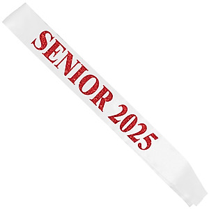 White Senior 2025 Satin Sash with Red Glitter Letters- 2025 Graduation Sash - Finally Graduated - Senior Cheer Sash - Cheerleader Sash - Competition Sash