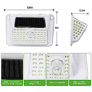 MMXIANG Solar Motion Sensor Lights Outdoor, 120-LEDs Solar Security Lights 3 Lighting Modes IP67 Waterproof Solar Fence Lights with 270°Wide Angle for Front Door, Yard, Garage, Deck - 4Pack