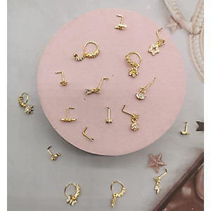 SAMOCO 20Pcs 20G Dangle Nose Ring L Shaped Dangling Stud for Women, CZ Flower Stainless Steel Studs Hoops Nose Piercing Jewelry(Gold)