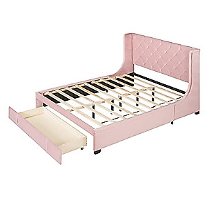 FIQHOME Queen Size Storage Bed,Velvet Upholstered Platform Bed with Wingback Headboard,Solid Wood Bed Frame with a Big Drawer,for Bedroom Guestroom,Easy Assembly,Pink