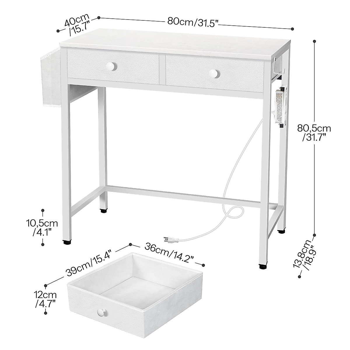 HOOBRO Small White Computer Desk with Power Outlet, 32 Inch Home Office Computer Desk with 2 Fabric Drawers, Study Desk for Small Spaces, with Side Pocket, for Study, Living Room, White WW42UDN01