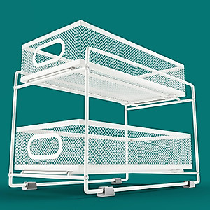 Wkokos 2 Tier Under the Sink Organizer Sliding Metal Basket, Adjustable Mesh Cabinet Storage Organizer -Ideal for Office, Kitchen, Bathroom, White