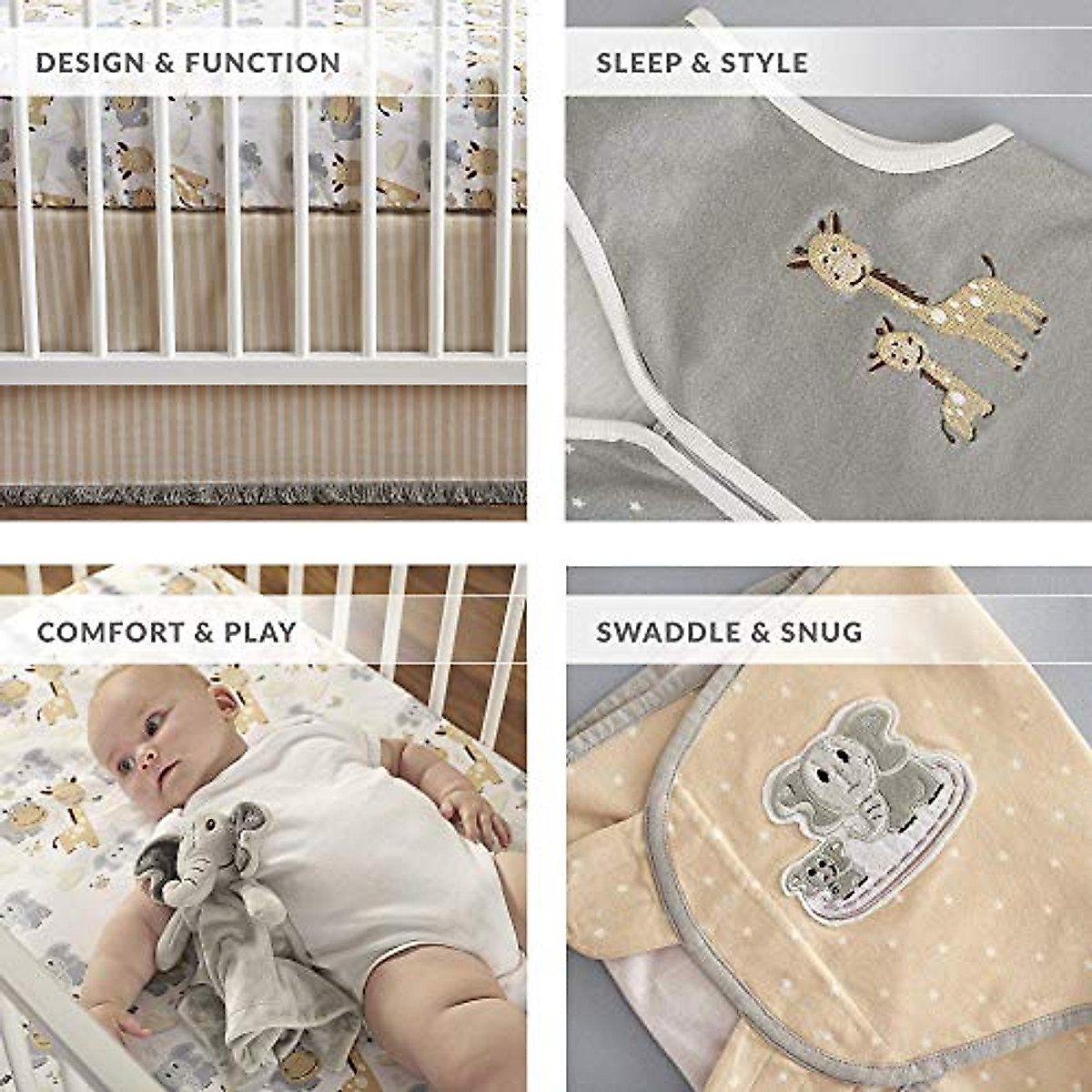 OBERLUX Crib Bedding Set for Boys and Girls, 8 Piece Baby Nursery Bedding Crib Set, Jungle Animal Safari Theme, Gray/Tan/White