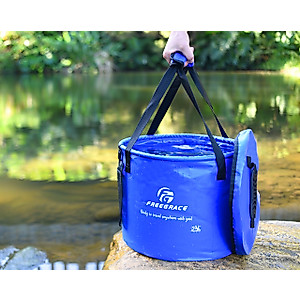 Premium Collapsible Bucket by Freegrace - Compact Portable Folding Water Container - Lightweight & Durable - Includes Handy Tool Mesh Pocket (Navy Blue(Upgraded), 23L (Lid))
