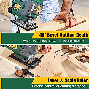 Jigsaw, TECCPO 6.5 Amp 3000 SPM Jig Saw with Laser, 6 Variable Speed, 6 Blades, ±45° Bevel Cutting, 4 Orbital Settings, Pure Copper Motor, with Carrying Case - TAJS01P