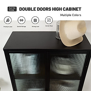 Retro Style Fluted Glass Storage Cabinet,Corner Cabinet Sideboard for Dining Room Entryway (Black)