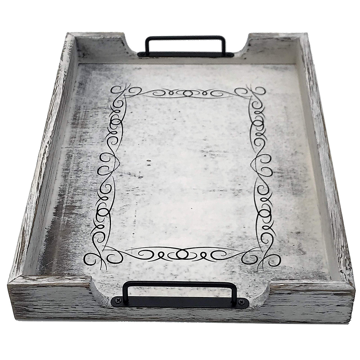 Booleaf Serving Tray, Authentic Paulownia Wood, Sturdy Black Metal Handles - Heart Swirl Design