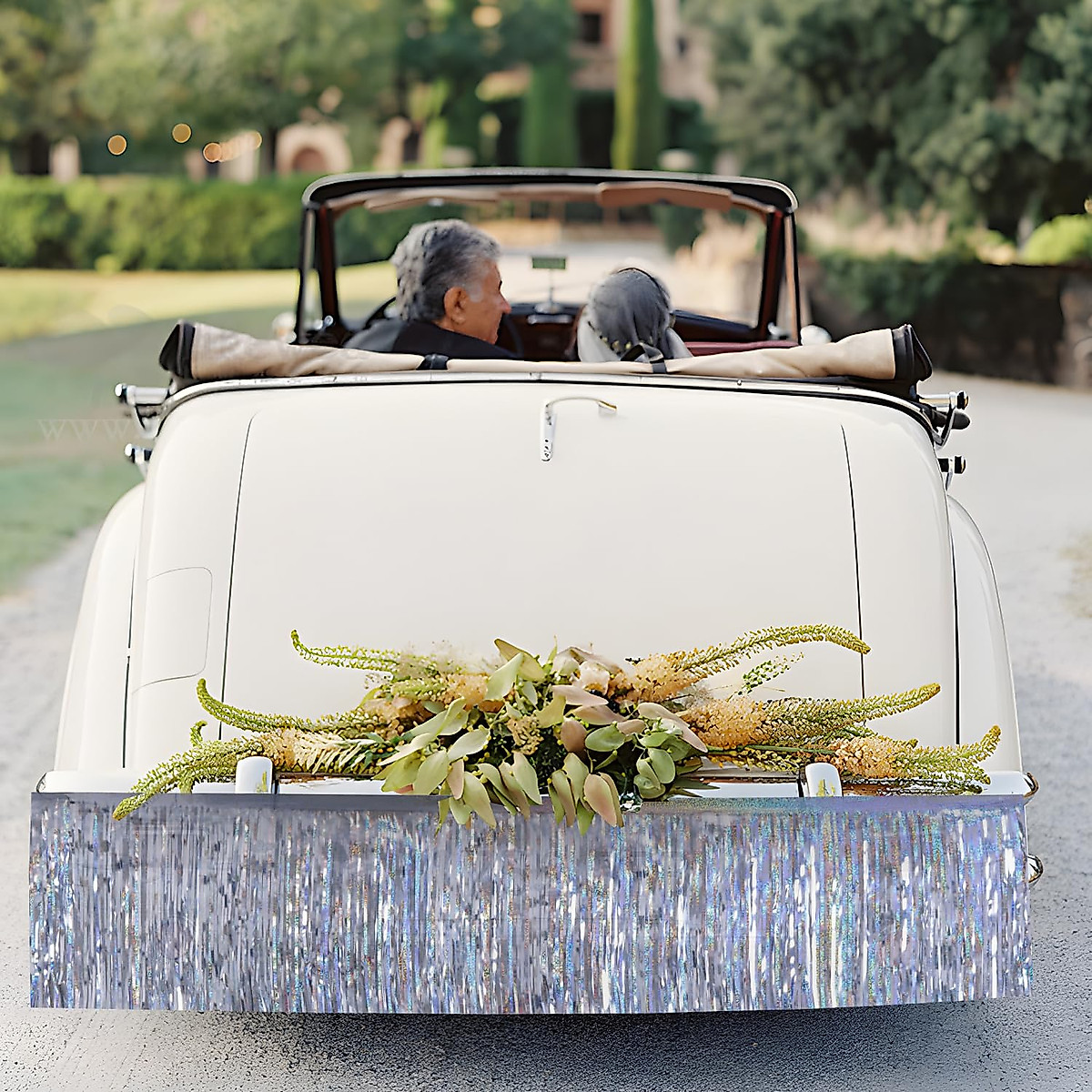 YUKL Laser Silver Christmas Decorations Tinsel Garland Parade Float Decorations for Trailer 4Pack 12FT Christmas Party Decor Ceiling Fringe Banner Silver Backdrop for Streamers Party Decorations