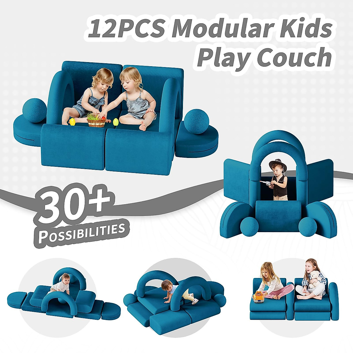 wanan Modular Kids Play Couch, 12PCS Kids Couch with Balls and Tunnel, Kids Couch for Playroom and Bedroom, Kids Modular Couch for Playing, Creativing, Modular Couch Kids (Blue)