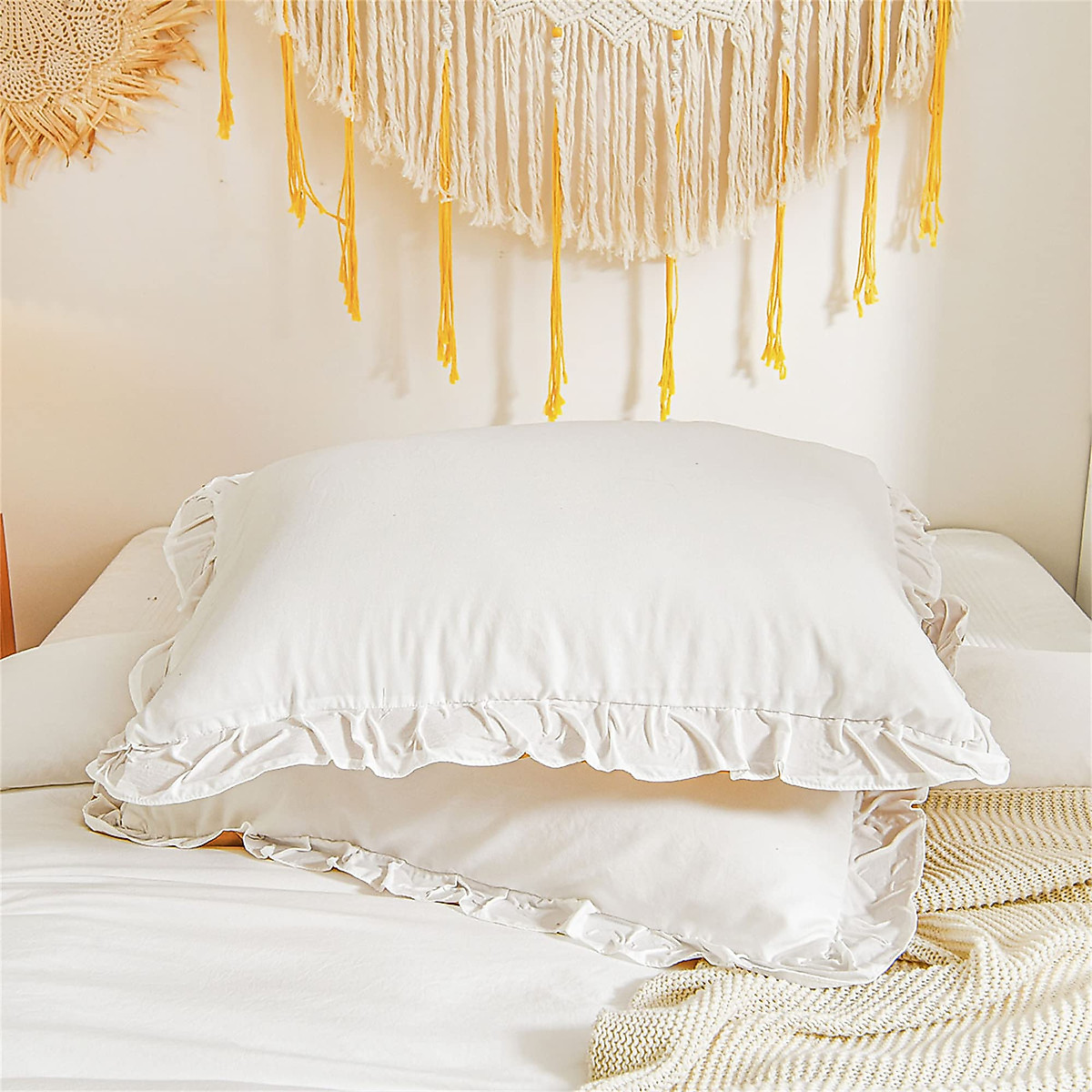 ABREEZE Ruffle Duvet Cover Full Soft Washed Microfiber Vintage French Country Duvet Cover Set White 3 Pieces Farmhouse Microfiber Bedding Comforter Cover Set, Soft and Lightweight