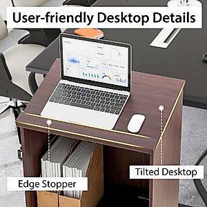 Tangkula Floor Standing Podium, Wooden Speaking Lectern Hostess Stand with 2-Tier Shelves & Dual Cable Holes, Standing Lectern Desk for Meeting Room, School, Churches, Auditorium, Classroom