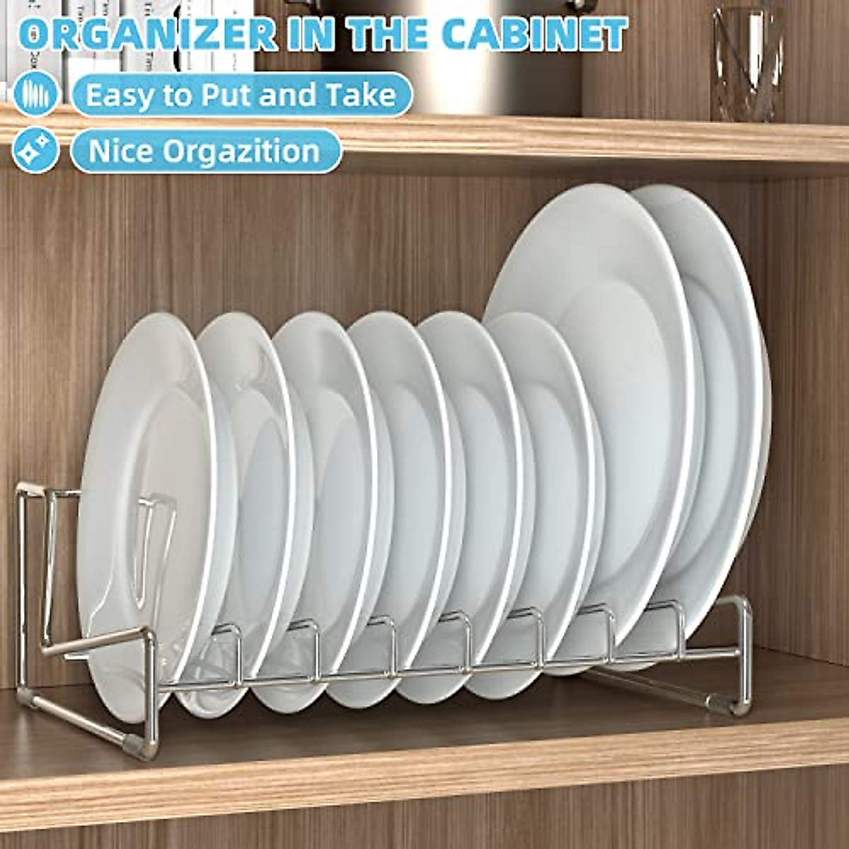 Joy Aid Plate Organizer for Cabinet, Dinner Plate Holder, Cutting Board and Lid Organizer, 8 Slots, 304 Stainless Steel