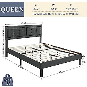 VECELO Queen Size Upholstered Bed Frame with Height Adjustable Fabric Headboard, Heavy-Duty Platform Bedframe/Mattress Foundation/Strong Wood Slat Support/No Box Spring Needed, Grey