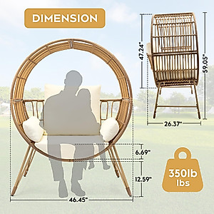 Yechen Egg Chair Outdoor, Oversized Wicker Patio Chairs with 350LBS Capacity, Rattan Porch Chair, 6.69'' Cushions for Living Room, Bedroom, Garden, Round Nest Chairs with Steel Stands Easy Assembly