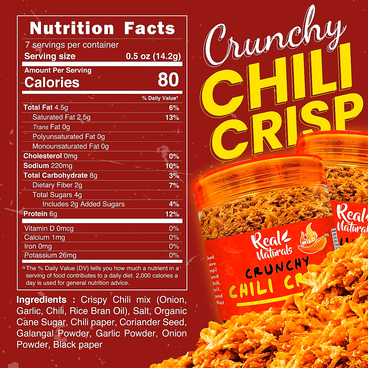 Chili Crisp (medium spicy) chilli crisp oil "without the oil". Crispy chili crunch made with garlic, onion, chilis. For ramen toppings, salads, sushi extra umami. Secret crunchy condiment