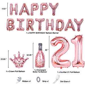 21st Birthday Decorations for Her, 94pcs Rose Gold Party Decorations for Girls, 40in 21st Birthday Balloons, 21st Happy Birthday Banner, Pink White Rose Gold Balloon Arch Kit Crown Champagne Balloon
