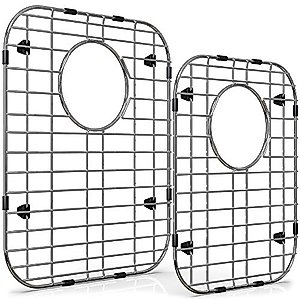 Wexbi Kitchen Sink Protectors for Double Kitchen Sink, Stainless Steel Sink Grid, Set of Two Metal Sink Protector Mat 16 x 13 in, 14.5 x 11.26 in, Grid Sink Bottom Protector with Rear Drain