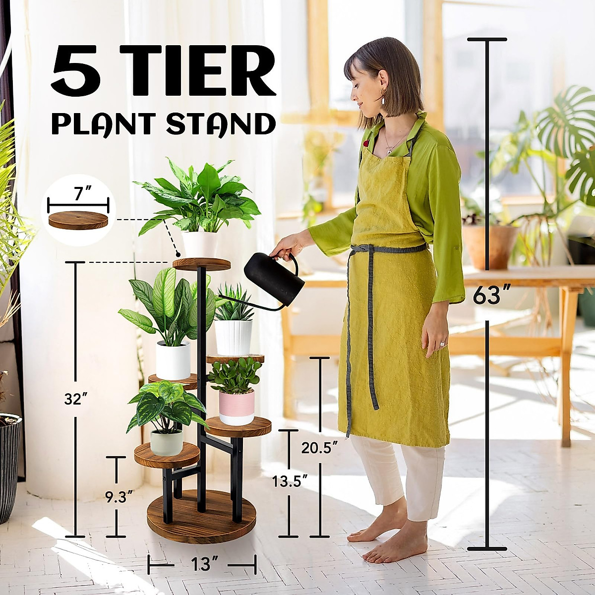 AUGOSTA 5 Tier Plant Stand, Tall Metal Wood Shelf Holder for Indoor Plants, Outdoor Garden Plant Display Rack Flower Pot Stand for Corner Living Room Balcony Garden Patio