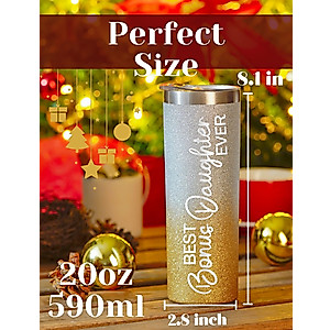 Onebttl Bonus Daughter Gifts - 20oz Stainless Steel Travel Mug with Lid and Straw - Best Daughter Ever (Silver or Gold) for Birthday, Christmas or Thanksgiving