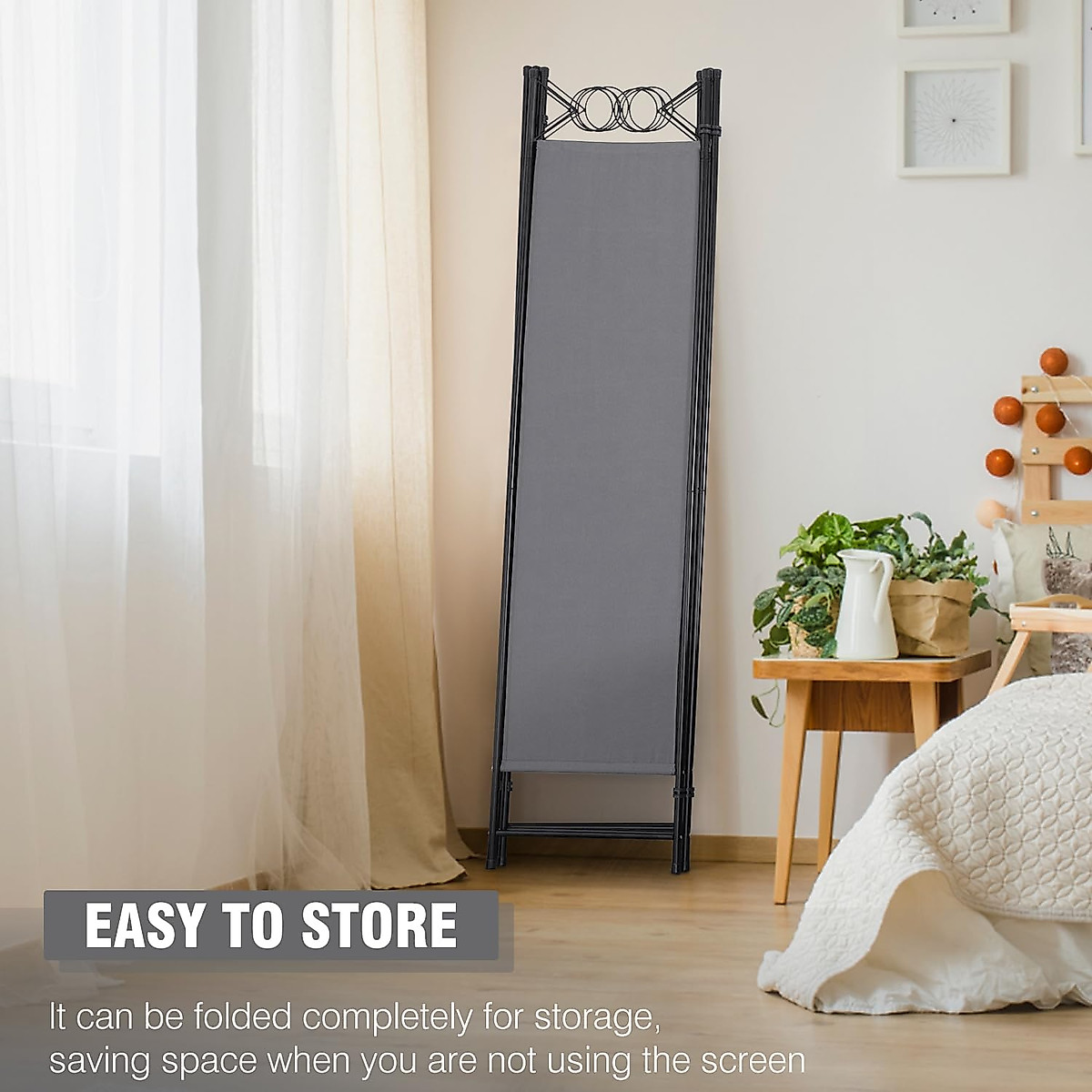4 Panel Room Divider 6FT Steel Frame Screen Folding Privacy Divider Freestanding Partition for Home Office Bedroom,Grey