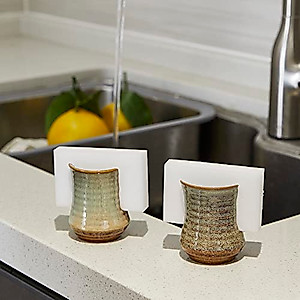 Pottery Sponge Holder Slotted Stoneware Ceramic Porcelain Sponge Holder by Gute for Father, Mother, Cleaning Supplies - Decorative Kitchen Décor - Organizer for Cleaning Dishes (Brown)