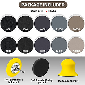 100PCS 3 Inch Sanding Discs Assorted 80-7000 Grits 3” Wet/Dry Sander Pads with 1/4” Shank Backing Plate and Hook & Loop Soft Foam Buffering Pad for Drill Grinder Rotary Tools Attachment