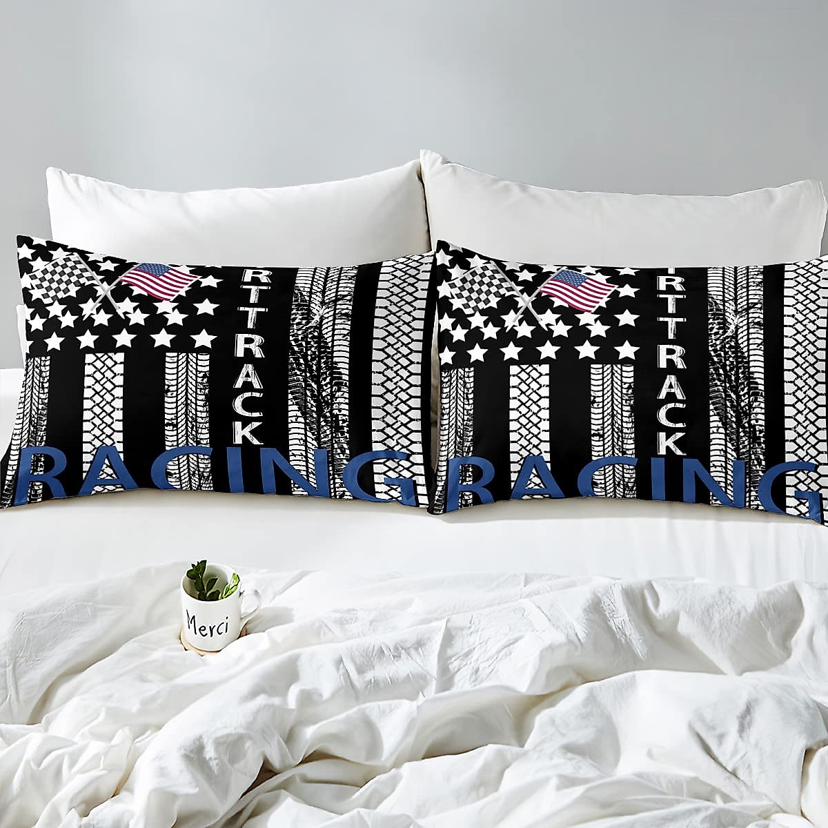 Erosebridal American Flag Sheet Set,Dirt Racing Track Bed Sheets Queen for Kids Boys Teens,Black White Grunge Star Stripe Bedding Set,Grunge Extreme Sports Fitted Sheet + Flat Sheet + 2 Pillowcases