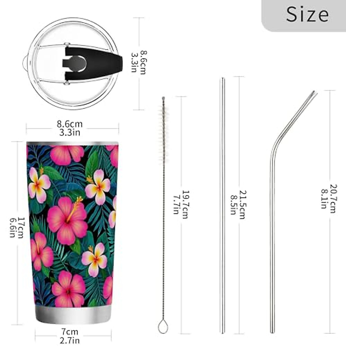 Summer Plumeria Hibiscus Palm Leaf Stainless Steel cups with lids with Lid and Straw coffee mugs with lids for Home, Office or Car safe tumbler with lid and straw 20 OZ