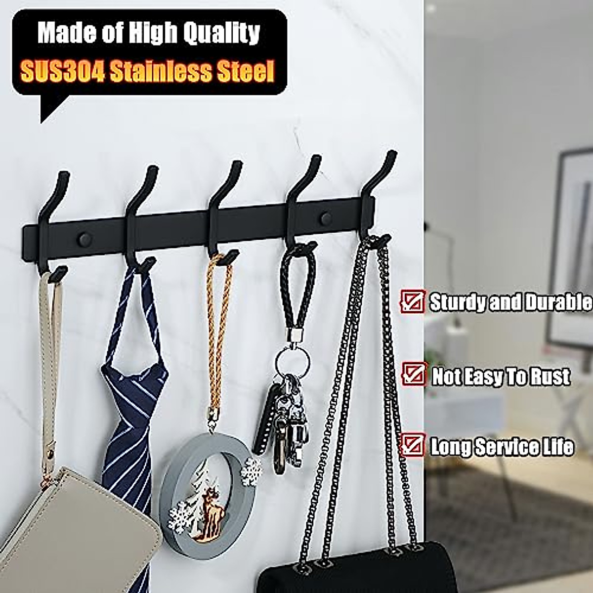 Alise Coat Rack Wall Mount,Coat Hanger Rail with 5 Double Coat Hooks for Hanging Coats Bathroom,SUS304 Stainless Steel Towel Hanger Hook Racks for Purse Clothes Entryway Jacket Hats Towels,Black