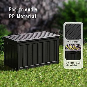 DRATO 230 Gallon Deck Box, Waterproof Resin Large Outdoor Storgae Box for Patio Furniture, Patio Cushions, Gardening Tools, Pool and Sports Supplies, Lockable (Black)