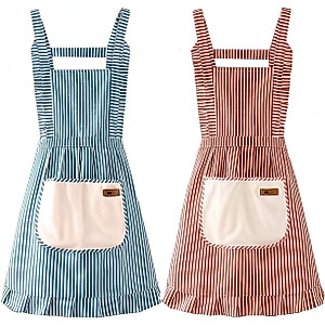 fvpxuus 2 Pack Kitchen Cooking Aprons Vest, Adjustable Bib Soft Chef Apron with 2 Pockets for Men Women The vest does not slip on the shoulders(Blue/Red Stripes)