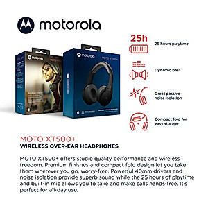 Motorola Bluetooth Wireless Headphones with Microphone, Moto XT500+ Over-Ear Headphones in-Line Control for Calls - Foldable Head Phones, Adjustable Headband, Clear Sound - Black