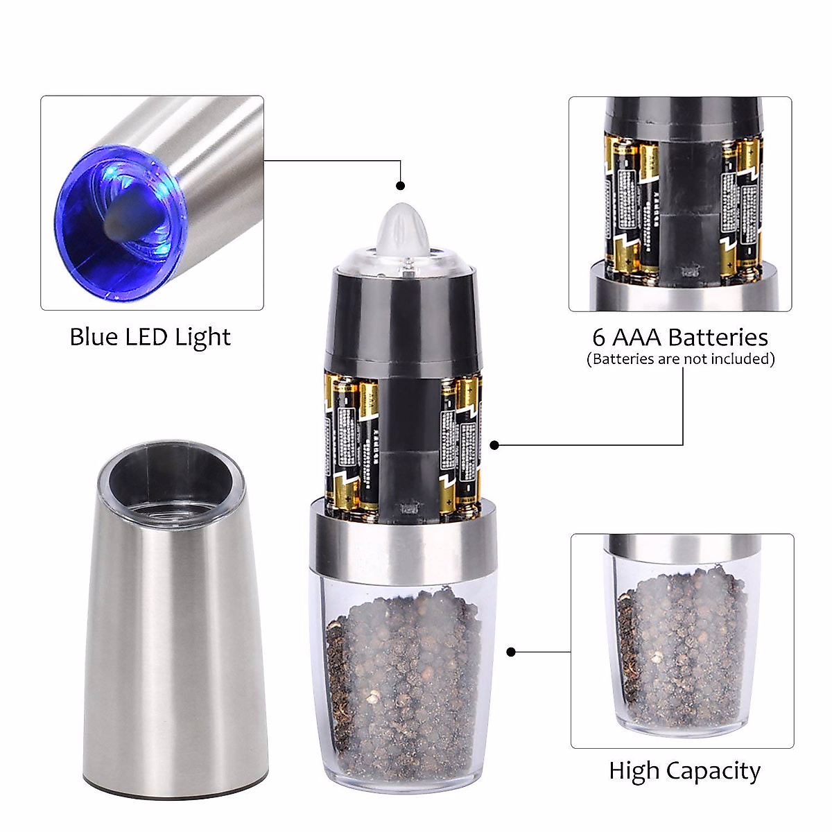 Gravity Electric Pepper Grinder, Salt and Pepper Mill & Adjustable Coarseness, Battery Powered with LED Light, One Hand Automatic Operation, Stainless Steel (Single/Silver)