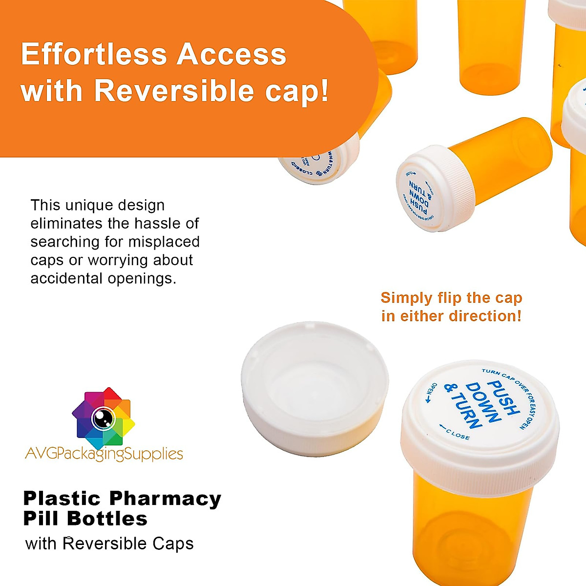 AVG Packaging Supplies Reversible Plastic Pharmacy Pill Bottles with Reversible Caps - Pharmacy Prescription Empty Containers, 13 Dram Vials (275ct)