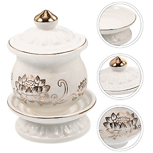 Operitacx Ceramic Holy Water Cup Buddhist Temple Water Bowls Tibetan Buddhist Worship Cup Lotus Printed Offering Cup with Tray for Home Buddhist Supplies White