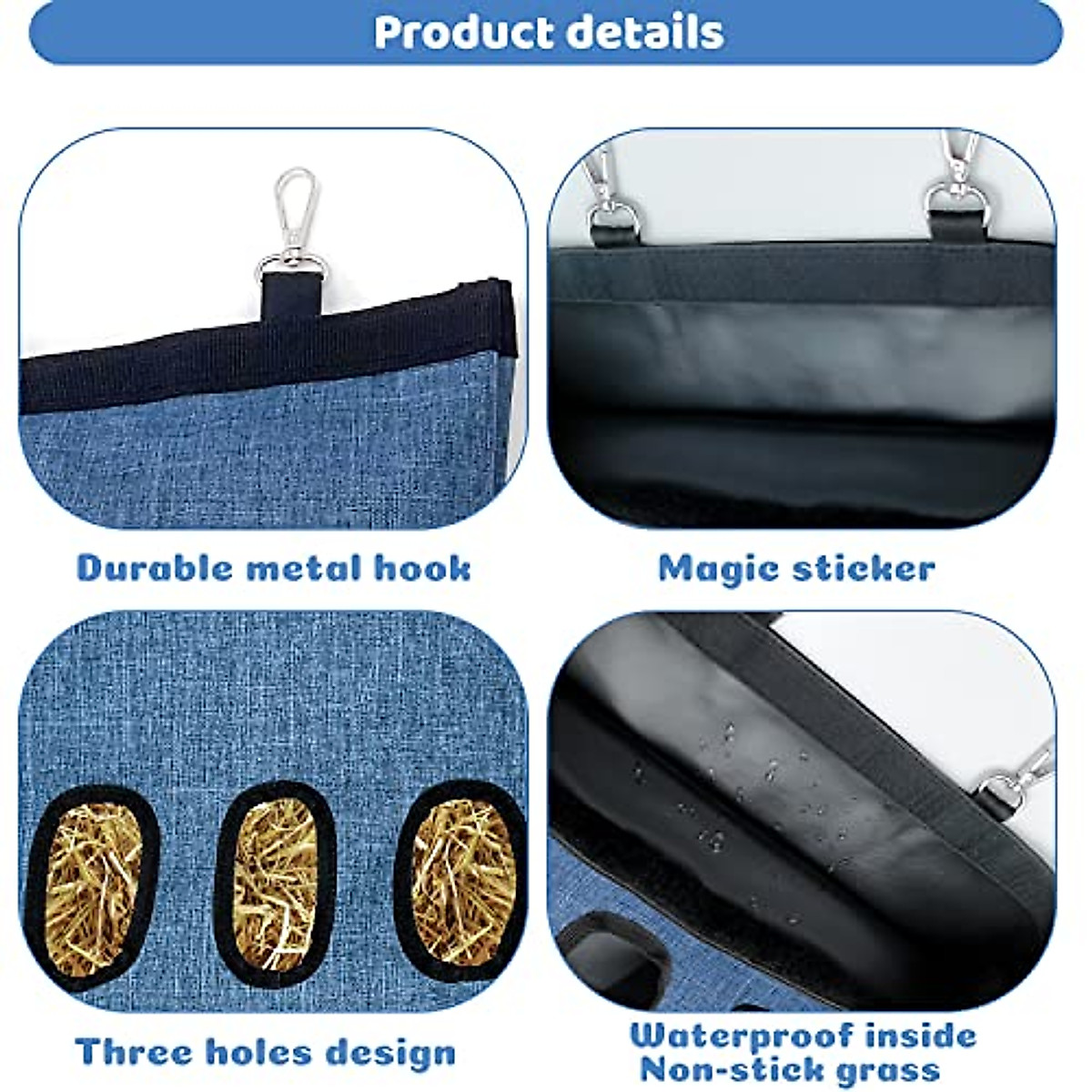 Rabbit Hay Feeder, Guinea Pig Bunny Hay Feeder Bag, Hanging 600D Oxford Fabric Storage Hay Feeder Bag for Rabbit Guinea Pig Chinchilla Small Animal Pets (Blue)