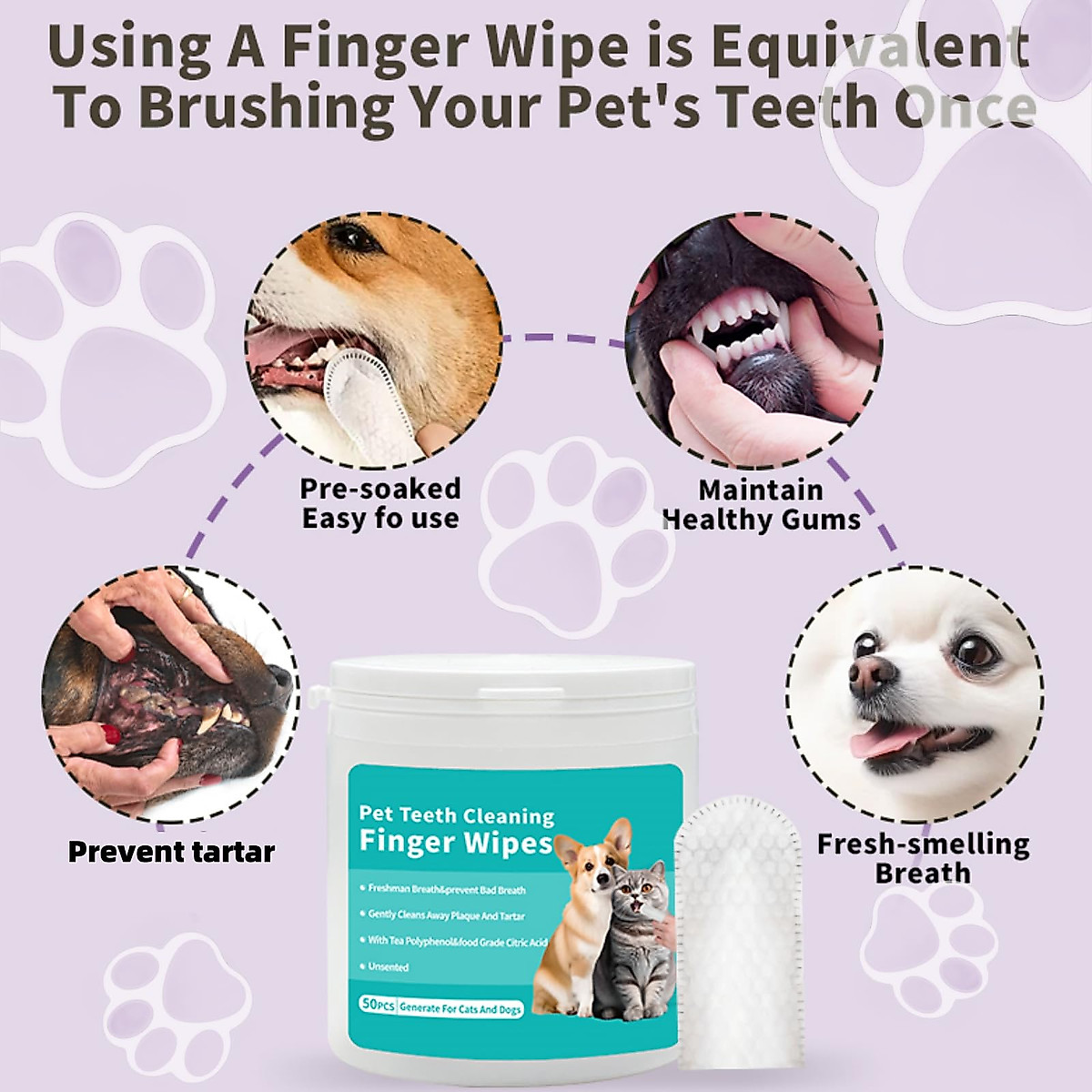 Jerrlin WoWs 3Pack Pet Teeth Cleaning Wipes for Dogs & Cats 150 Counts Reducing Plaque & Tartar, Breath Freshener Dental and Gum Care Finger Pet Wipes