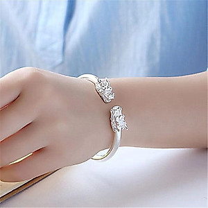 AdjustableSterling Silver Bangle Bracelet, Blue Diamond Bracelet，Sterling Silver Bracelet for Women,Women 925 Sterling Silver Bracelet Double Dragon's Head Cuff Bangle