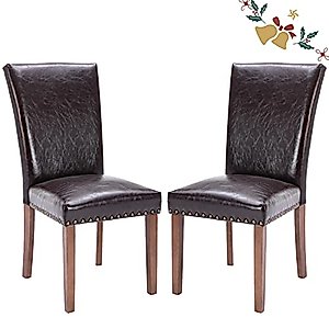 PU Leather Dining Chairs Set of 2, Upholstered Parsons Dining Room Kitchen Side Chair with Nailhead Trim and Wood Legs - Dark Brown