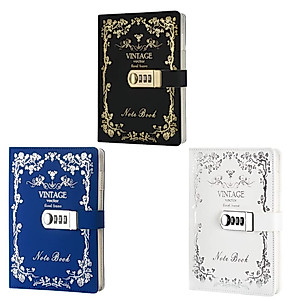 JunShop Lock Journal Diary Digital Password Notebook Leather Binder Diary with Combination Lock Print Bronzing (Blue)