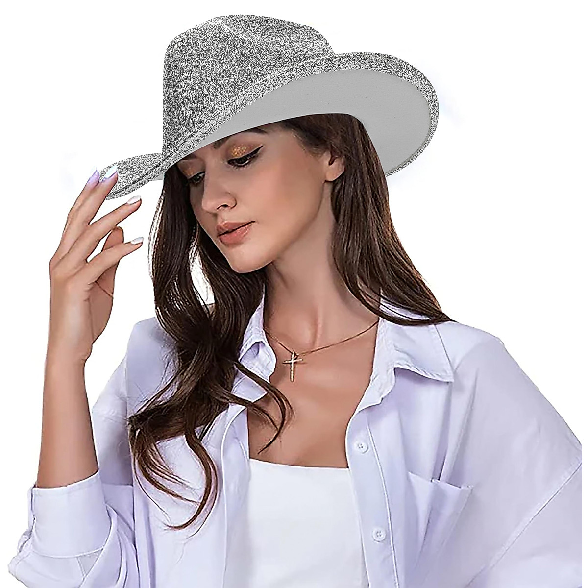 Silver Space Cowboy Hat - Sparkly Glitter Holographic Cowgirl Hat Rave Hat for Bachlorette Party Halloween(M)