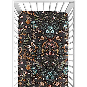 Sweet Jojo Designs Boho Wildflower Vintage Floral Girl Fitted Crib Sheet Baby Toddler Bed Nursery Black Rust Orange Teal Daisy Leaves Botanical Paisley Leaf Flower Bohemian Farmhouse Turquoise Blue