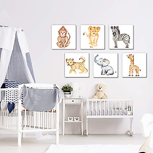 TEXTURE OF DREAMS Watercolor Cute Baby Africa Jungle Animals Print on Canvas Wall Art, Lion Monkey Elephant Giraffe Leopard Zebra, Safari Wild Animals Nursery Boy Room Decor 6 Pack (10" x 10")