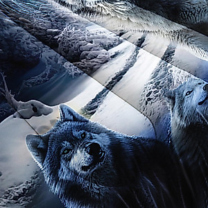 AILONEN Boys Bedding Set Wolf Printed Comforter Set,Snow Wolf Comforter Sets Queen Size,Animals Wolf Duvet Set for Boys Adult Room Decor,3Pcs Safari Wolves Duvet Set, 1 Quilt and 2 Pillowcases