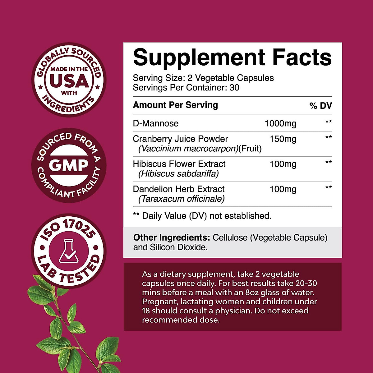 D Mannose with Cranberry Extract Capsules - D Mannose Capsules for Kidney Cleanse and Urinary Tract Health for Women - D-Mannose 1000mg Capsules Per Serving with Hibiscus & Dandelion (1 Month)